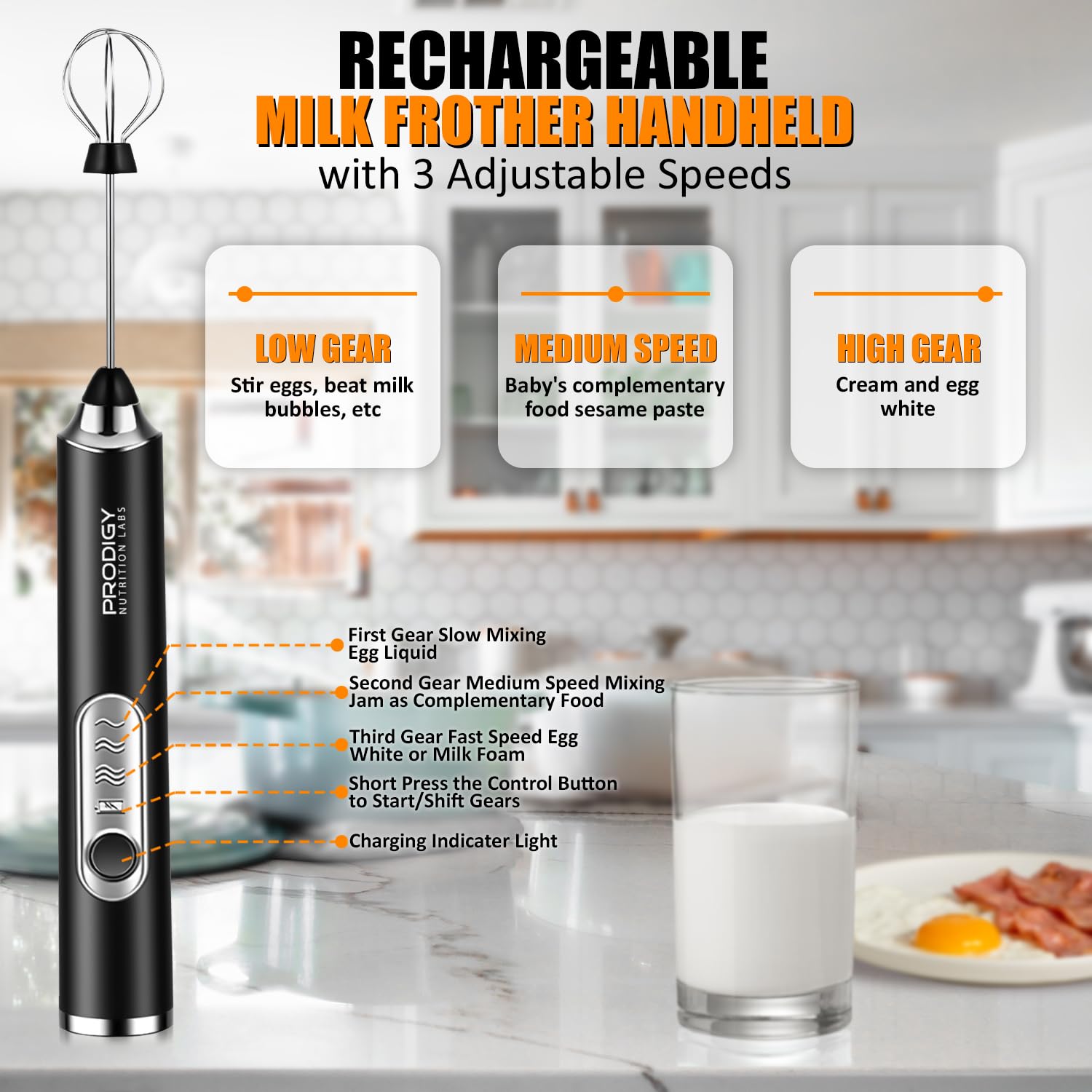 Rechargeable Milk Frother Handheld with 2 Attachments - Handheld Silver Electric Whisk Drink Foam Mixer, Mini Stirrer with 3 Adjustable Speeds for Coffee, Lattes, Shakes, & Eggs Black