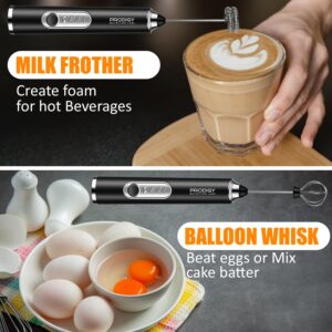 Rechargeable Milk Frother Handheld with 2 Attachments - Handheld Silver Electric Whisk Drink Foam Mixer, Mini Stirrer with 3 Adjustable Speeds for Coffee, Lattes, Shakes, & Eggs Black