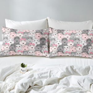 Hippo Sheet Set Full Size Cartoon Animal Sheets with Deep Pocket Fitted Sheet for Kids Teens Adults Hippopotamus Bed Sheets Set Kawaii Cute Bedding Set Room Decorations 4Pcs With 2 Pillow Cases