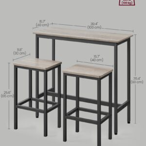 VASAGLE Dining Table Set, Bar Table and Chairs Set, Kitchen Bar Height Table with Stools Set of 2, Steel Frame, Industrial, 39.4 x 15.7 x 35.4 Inches, Heather Greige and Ink Black ULBT218B02