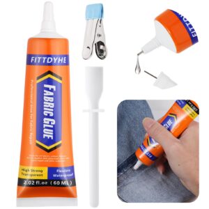 fittdyhe fabric glue permanent, 60 ml washable clear clothing glue, super fabric glue for rhinestones, patches, clothes, denim, leather, polyester, fabrics, doll repair, flannel, cotton