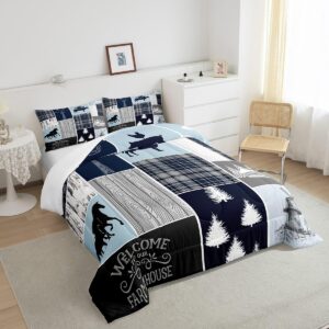 Erosebridal Farmhouse Horse Quilt, Rustic Windmill Comforter Set King Lodge Cabin Patchwork Bedding Set for Kids Teens Adult, Farm Animal Cowboys Horseshoe Down Comforter, 2 Pillow Cases, Grey Blue