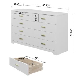 8 Drawer Wood Lateral Dresser, Big Wide Chest of Drawers Storage Organizer with Metal Gold Handles Home Bedroom (White)