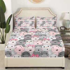 Hippo Sheet Set Full Size Cartoon Animal Sheets with Deep Pocket Fitted Sheet for Kids Teens Adults Hippopotamus Bed Sheets Set Kawaii Cute Bedding Set Room Decorations 4Pcs With 2 Pillow Cases