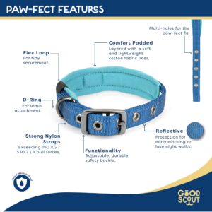 Good Scout Padded Heavy Duty Dog Collar for Large Dogs, Puppy Training Collar with Adjustable Flex Loop for Comfortable Fit, Reflective Material & D-Ring for Quick Leash Attachment, Blue/Sky