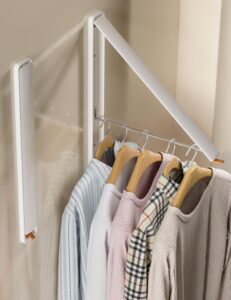 dr.dj clothes drying rack wall mounted, retractable & foldable clothes hanger for laundry room organization and storage, clothes hanger rack for dorm, closet, balcony, laundry room(1p, metal, white)