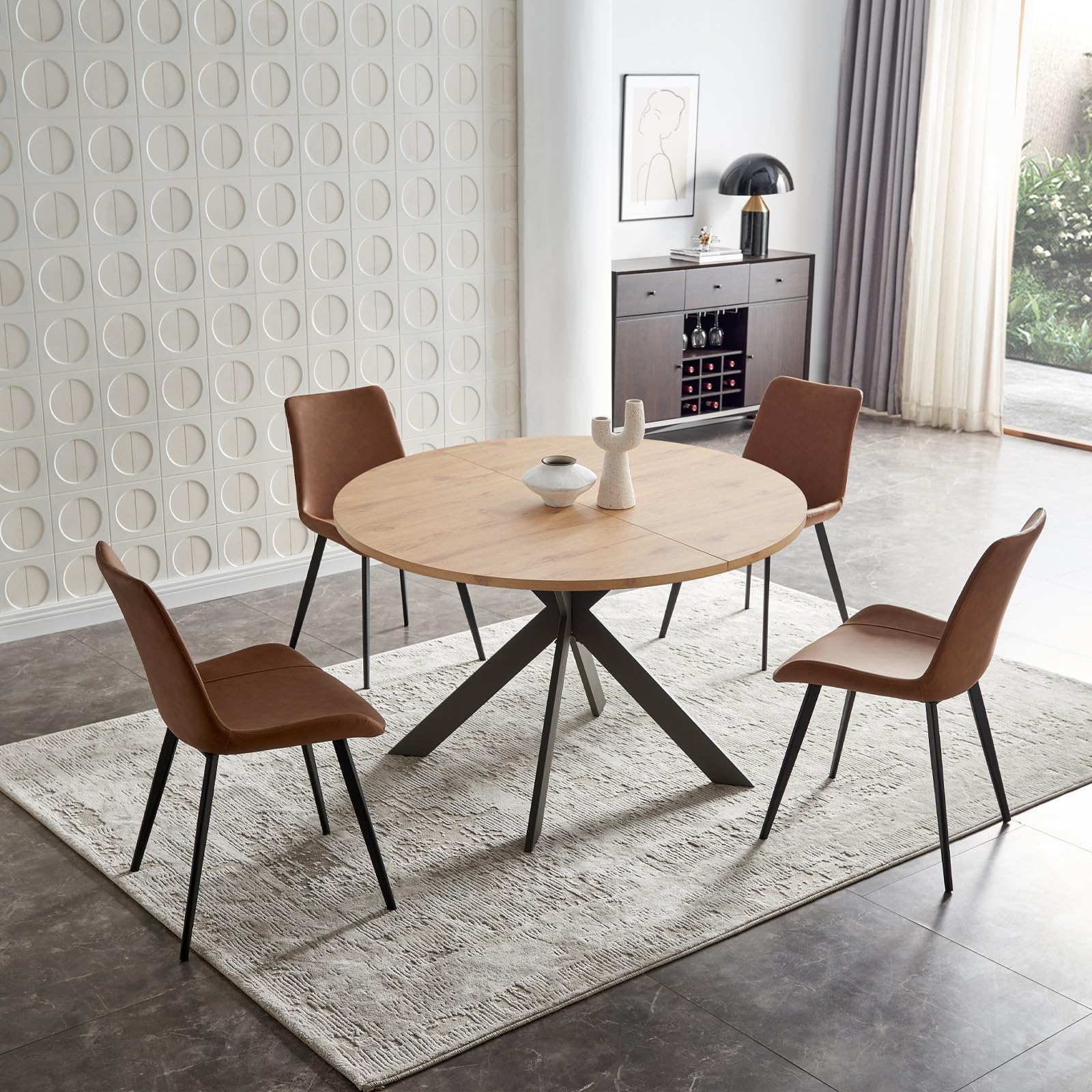 Zerifevni 46.4" Round Dining Table Set, Mid Century Modern Round Dining Table for 4-6 Person, w/Steel Legs, Coffee Table for Kitchen Dining Room, Office, Save Space (1 Table with 4 Brown Chairs)