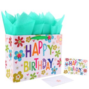 13" large gift bag set with greeting card and green tissue paper(colorful ‘happy birthday’) for baby shower,kids birthday party,newborn,new moms or parents, and more- 13”x5.2”x10.2”, 1 pcs