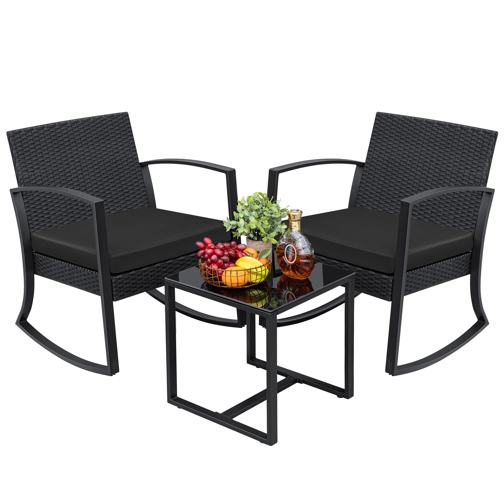 Greesum 3 Pieces Outdoor Furniture Set Patio Bistro Rocking Chairs and Glass Coffee Table, Black, Modern