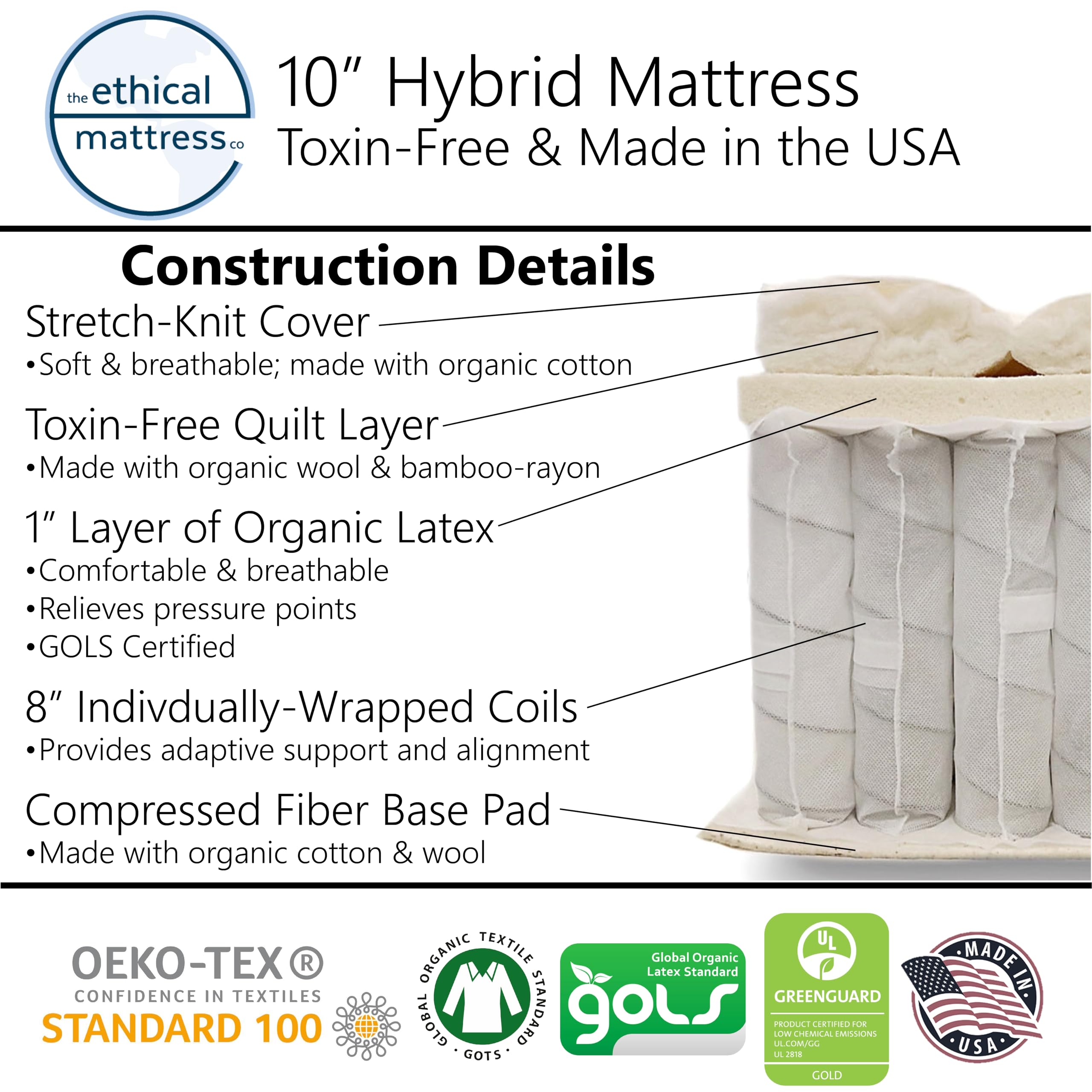 Ethical Mattress CO 10" Toxin-Free Hybrid Mattress, Made in USA with Organic Cotton, Wool, Latex & Pocketed Coils (Mattress-in-a-Box) Comfortable & Supportive for All Ages - King Size