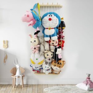 ksxliuc stuffed animal storage wood plush toys holder with hooks, length adjustable hanging stuffed animal toy organizer shelf for nursery kid room play room bedroom