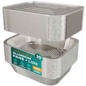 aluminum pans with lids 9x13 [30 sets] aluminum foil pans trays with lids - half size tin foil disposable pans for baking, roasting, cake serving dishes, catering supplies, steam table chafing