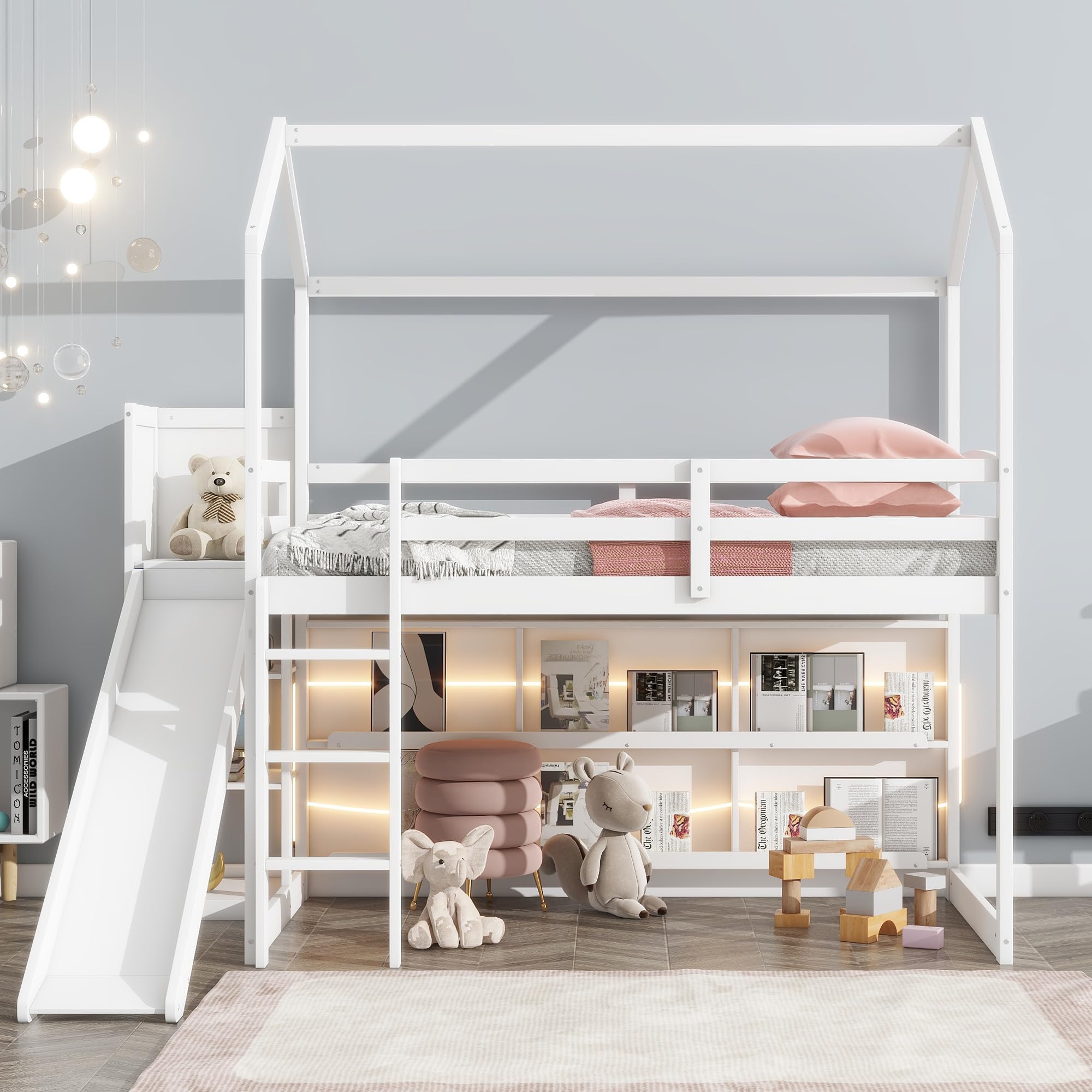 Favfurish Twin Size House Loft Bed with Slide, Storage Shelves and Light, Wood Kids Bed Frame with Guardrail and Ladder,Climbing Ramp,for Teens Boys Girls Bedroom, White