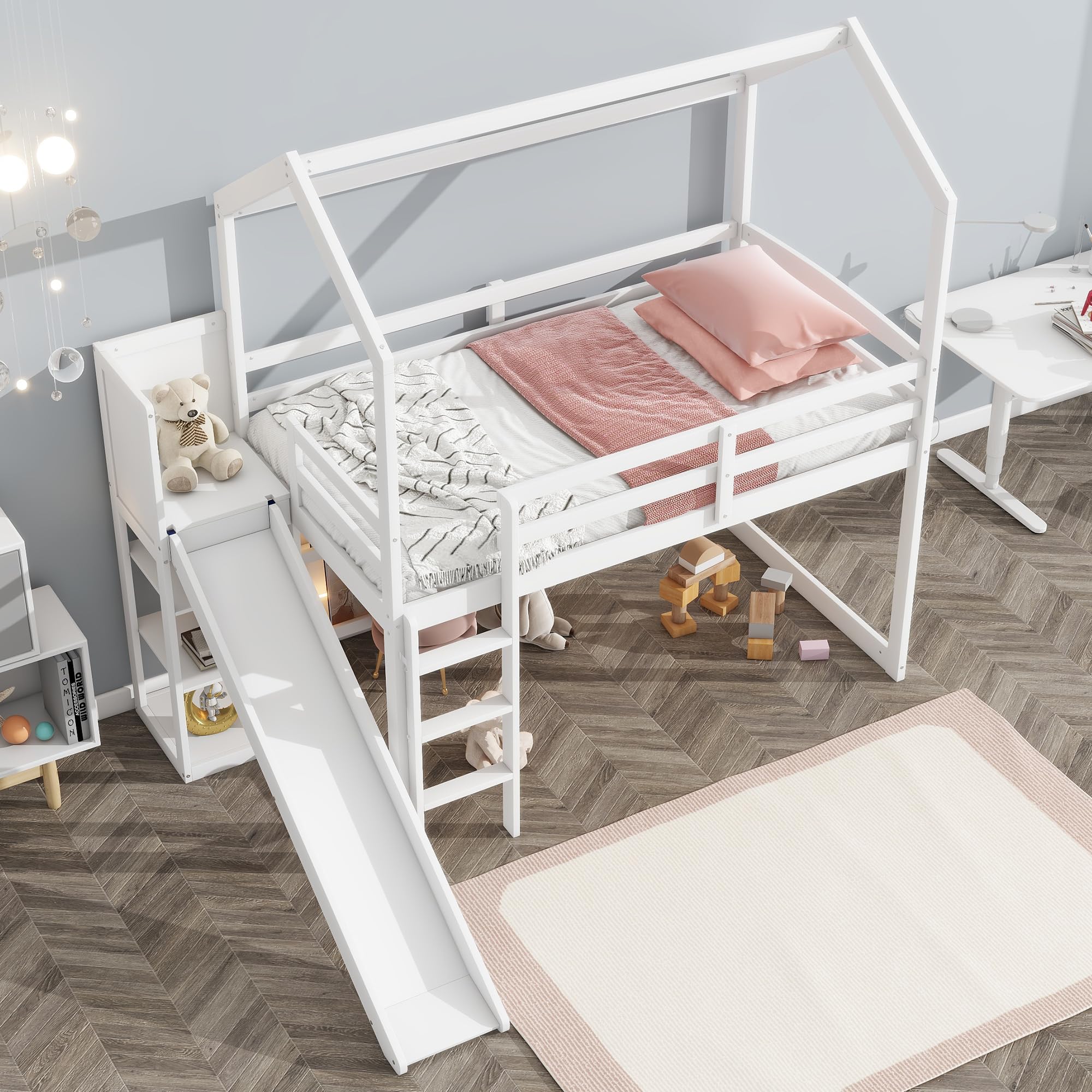 Favfurish Twin Size House Loft Bed with Slide, Storage Shelves and Light, Wood Kids Bed Frame with Guardrail and Ladder,Climbing Ramp,for Teens Boys Girls Bedroom, White