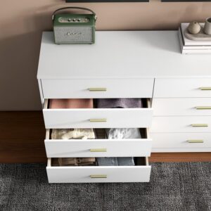 8 Drawer Wood Lateral Dresser, Big Wide Chest of Drawers Storage Organizer with Metal Gold Handles Home Bedroom (White)