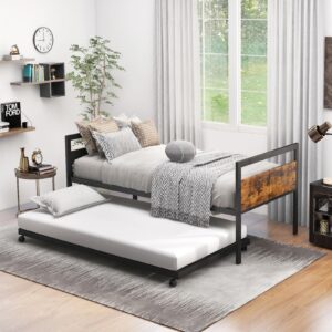 komfott twin size metal daybed with trundle, daybed frame with wooden headboards, metal slat support, saving space metal sofa bed frame for living room, bedroom, apartment, no box spring needed