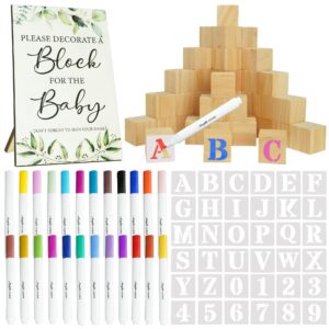 geeday baby shower blocks to decorate 111 pcs includes 36 stencils 50 blank baby blocks 24 acrylic markers - plain wooden blocks great for boho baby shower decorations gender reveal baby shower games