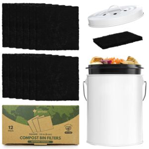 charcoal filters for compost bucket 3.5 inch square - pack of 12 odor blocking compost filters for countertop bin, trash cans and litter boxes - universal replacement compost bin filters charcoal