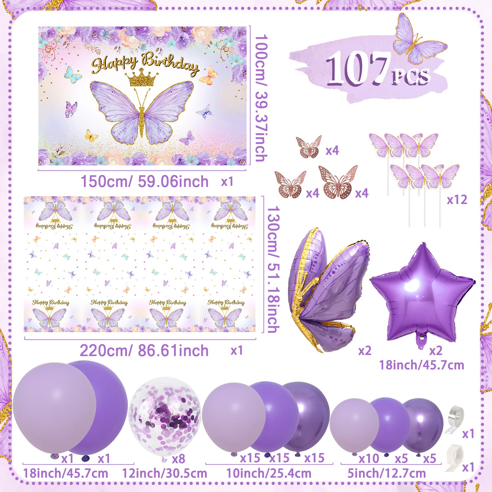 Butterfly Birthday Decorations for Girl,Purple Balloon Arch Kit with Foil Butterfly Balloon,Happy Birthday Backdrop Butterfly Tablecloth Decorations for Girl Birthday Baby Shower Purple Party Supplies