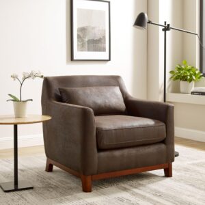 vanomi extra deep accent chair, faux leather upholstered comfy reading armchair for living room, bedroom single seat sofa chair with wood base, leather, dark brown