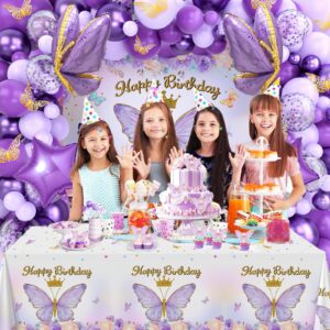 Butterfly Birthday Decorations for Girl,Purple Balloon Arch Kit with Foil Butterfly Balloon,Happy Birthday Backdrop Butterfly Tablecloth Decorations for Girl Birthday Baby Shower Purple Party Supplies