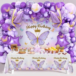 butterfly birthday decorations for girl,purple balloon arch kit with foil butterfly balloon,happy birthday backdrop butterfly tablecloth decorations for girl birthday baby shower purple party supplies