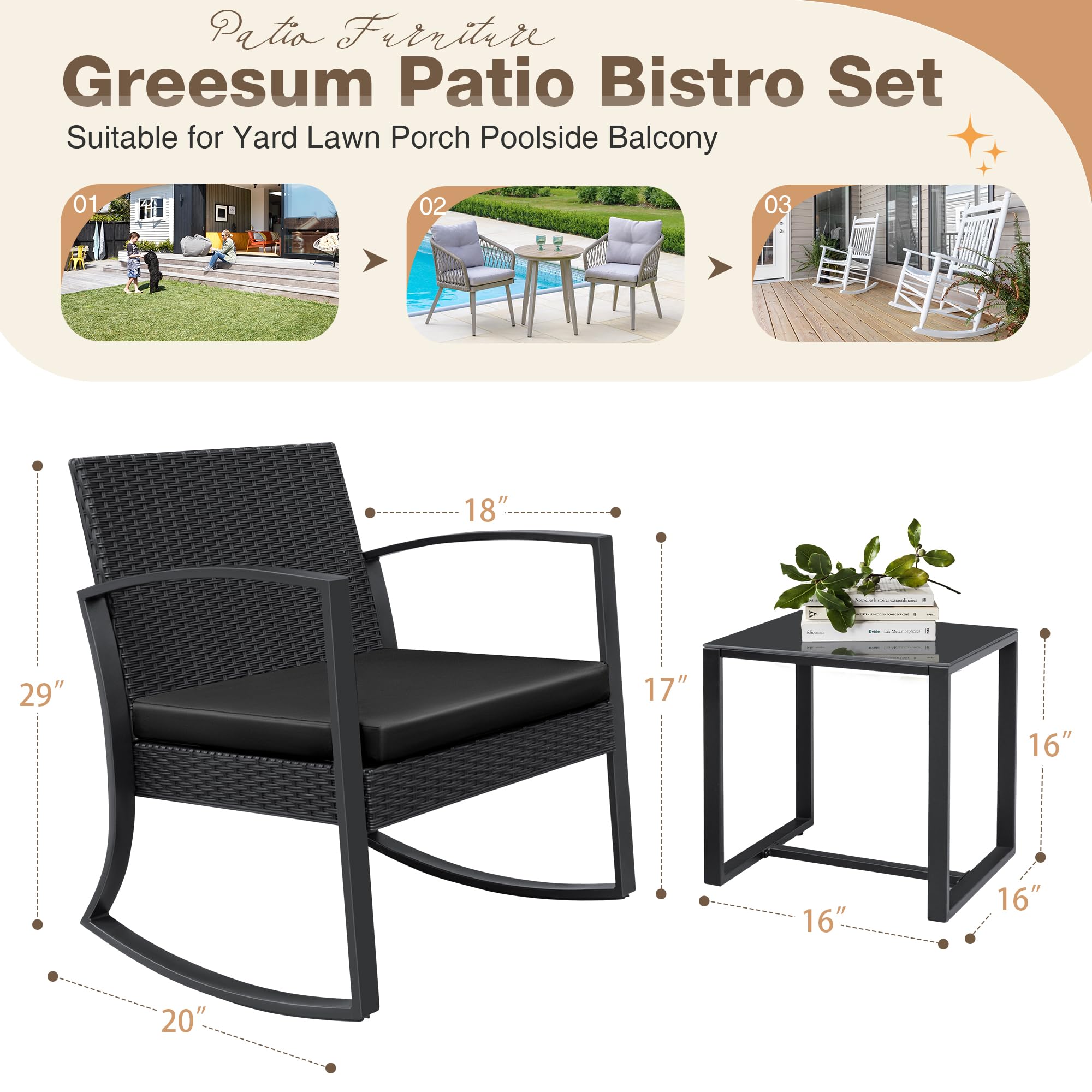 Greesum 3 Pieces Outdoor Furniture Set Patio Bistro Rocking Chairs and Glass Coffee Table, Black, Modern