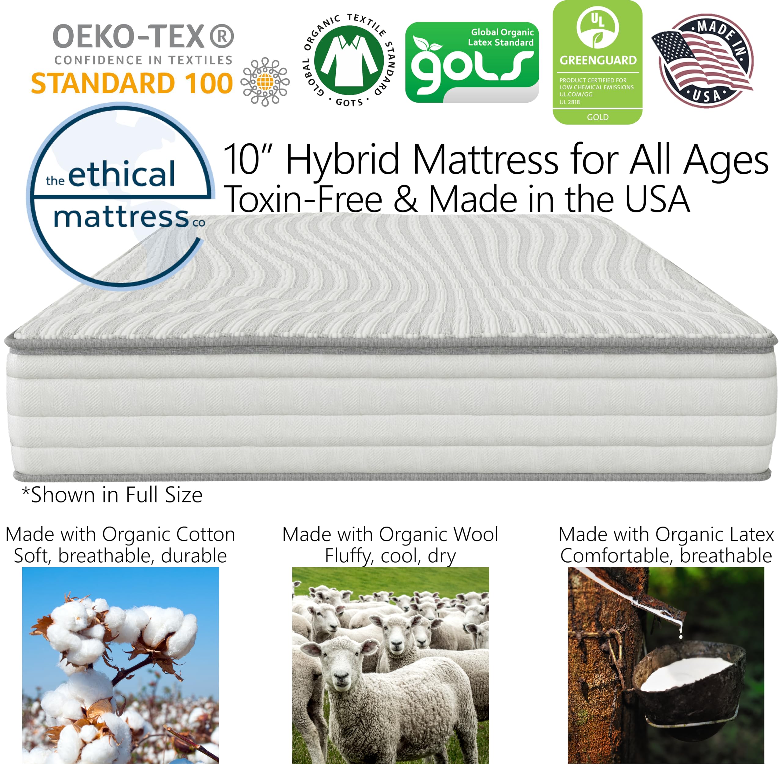 Ethical Mattress CO 10" Toxin-Free Hybrid Mattress, Made in USA with Organic Cotton, Wool, Latex & Pocketed Coils (Mattress-in-a-Box) Comfortable & Supportive for All Ages - King Size