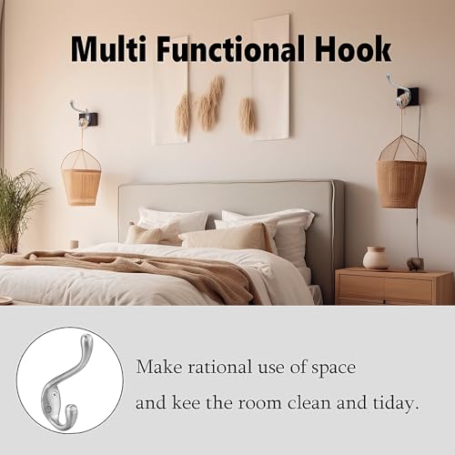 Jukzi Coat Hooks 5 Pack - Heavy Duty Wall Mounted Brushed Nickel Double Hooks for Hanging Clothes/Towels - Sturdiness Design with Better Mounting System