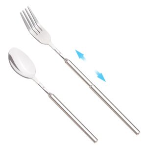 2pcs extendable fork spoon, telescopic stainless steel dinner long forks extends to 25 inches, bbq fruit dessert long handle fork spoon cutlery set