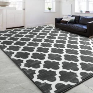 kimeesky large 5x8 geometric shag modern area rug for living room bedroom, distressed moroccan fluffy rug indoor carpets for kids nursery bedside room decor, memory foam shaggy rugs, dark grey/white