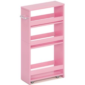 marty pink slim storage cart, 4-tier rolling bookshelf kitchen cart with wheels, laundry room organization with handle slide out utility cart shelving unit trolley for narrow places