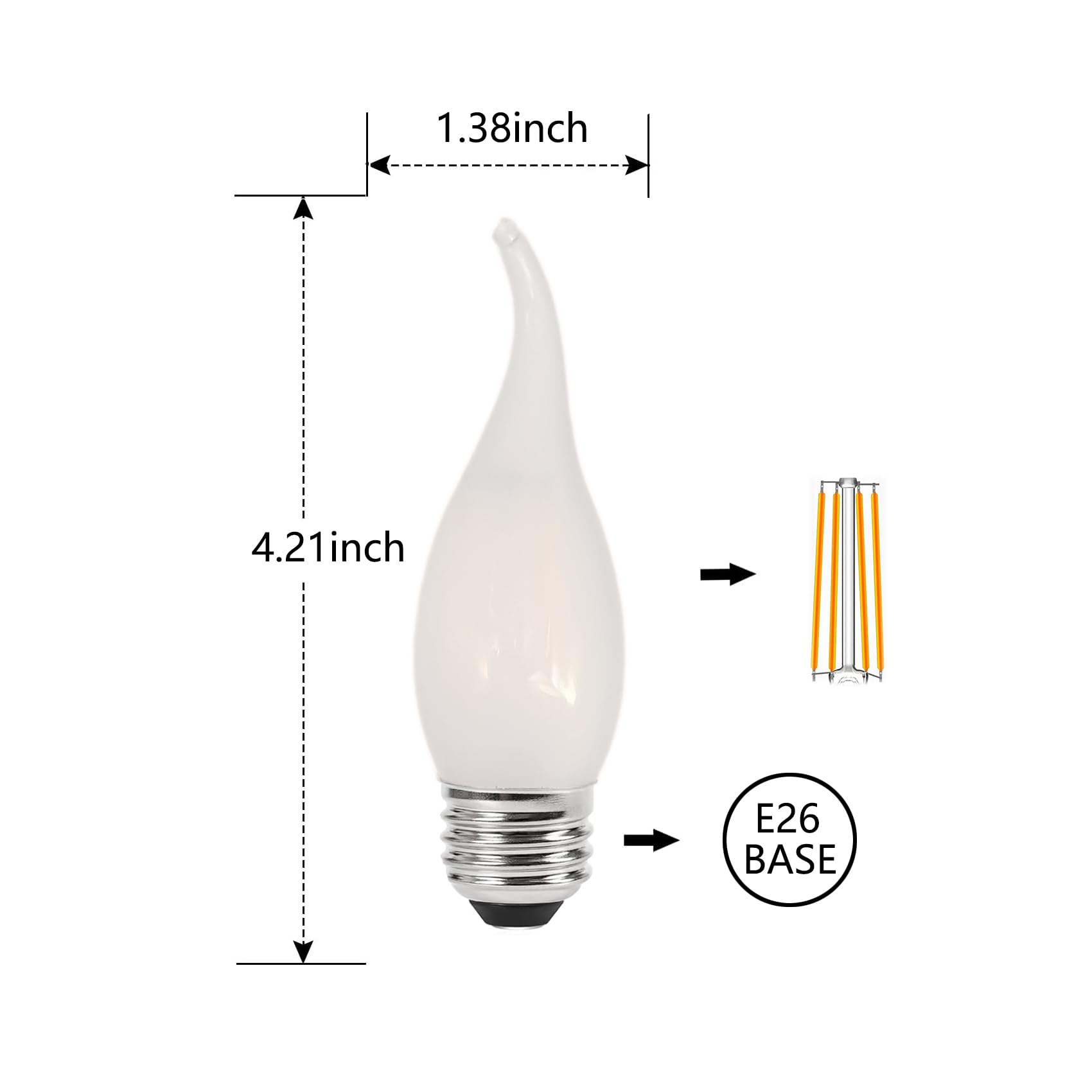 Sunaiony E26 Frosted Candelabra Bulb 40 Watt Equivalent LED Chandelier Light Bulbs, 2700K Warm White Medium Base 4W Dimmable LED Candle Light Bulbs, Frosted Glass Flame Tip Shape,6 Pack