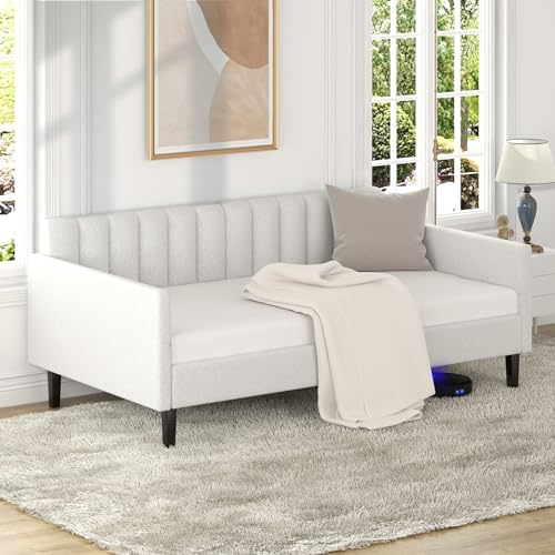 YOPTO Twin Size Boucle Upholstered Daybed, Ribbed Tufted Backrest, Daybed in Lavish Modern Design,Richly Foam hued and Super Comfort,Cream Ivory