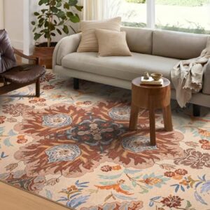 phantoscope vintage collection area rug 6'x9', washable large living room rug non-slip, low-pile floral painting boho carpet rug for bedroom dining room office durable indoor rug, rust/multi floral