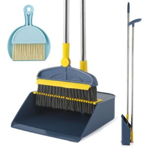 broom and dustpan set,2 in 1 broom brush with dustpan combo set, upright 180°rotating broom with long handle and lightwight dust pans for home kitchen room office lobby floor cleaning，blue