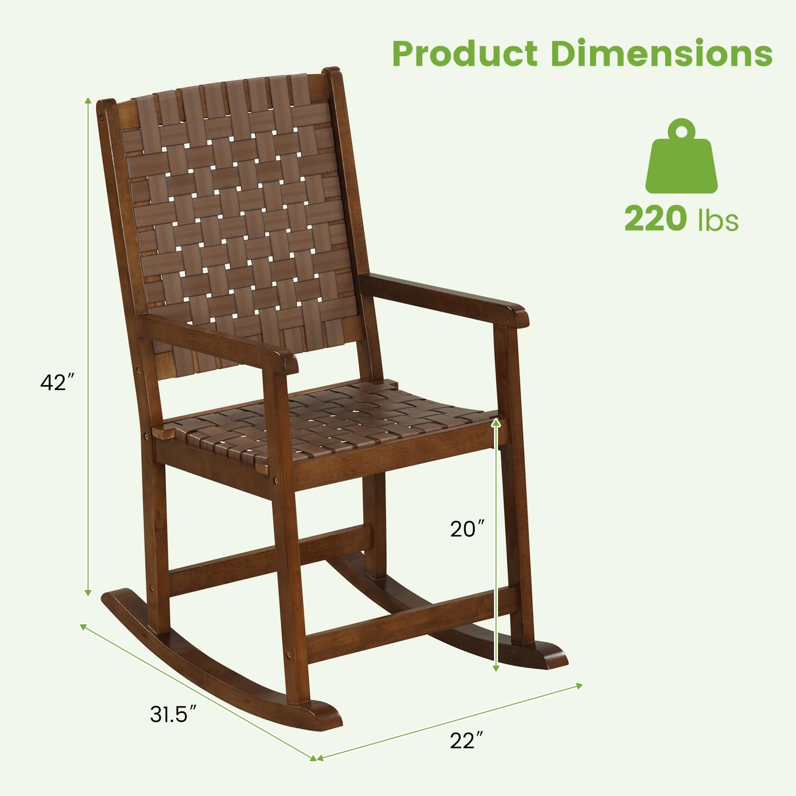 Tangkula Outdoor Rocking Chair, All Weather PU Seat & Rubber Wood Frame Porch Rocker, Safe & Smooth Rocking Motion, Ergonomic Patio Rocking Chair for Garden, Lawn, Balcony, Indoor (1, Brown)