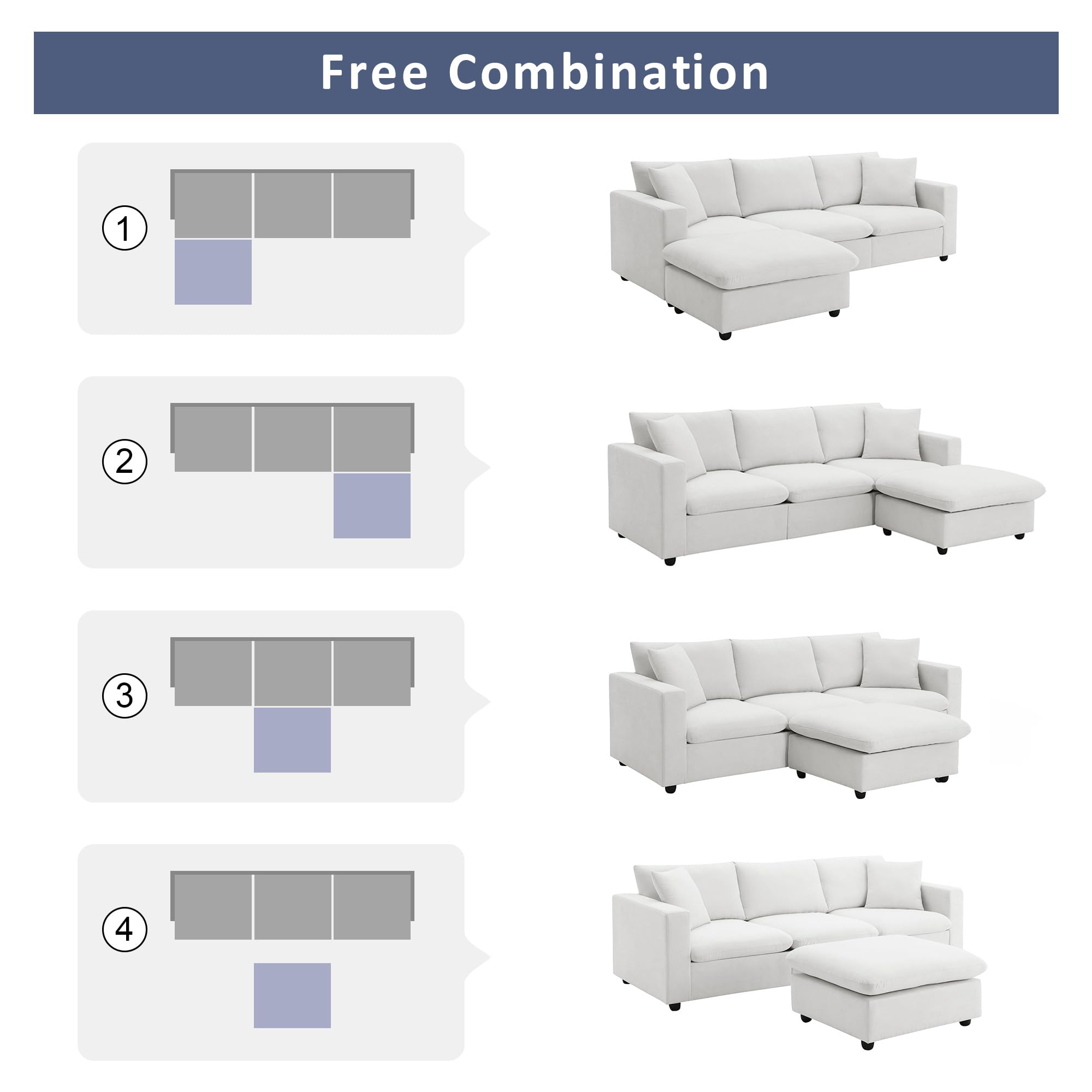 Tmsan 100.4" Modular Sectional Sofa Cloud Couch for Living Room, Modern Convertible L Shaped Couch Set with Ottoman, 4 Seater Polyester Fabric Sofa with 2 Pillows for Apartment Office (White)