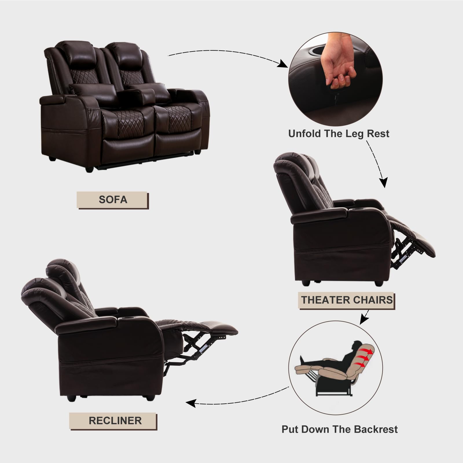 Attliahome 57" RV Loveseat Recliner, Double Recliner Furniture with 3 Arms and 2 Pillows, Wall Hugger Recliners & 135° Reclining Theater Seating (Brown PU Leather RV Couch)