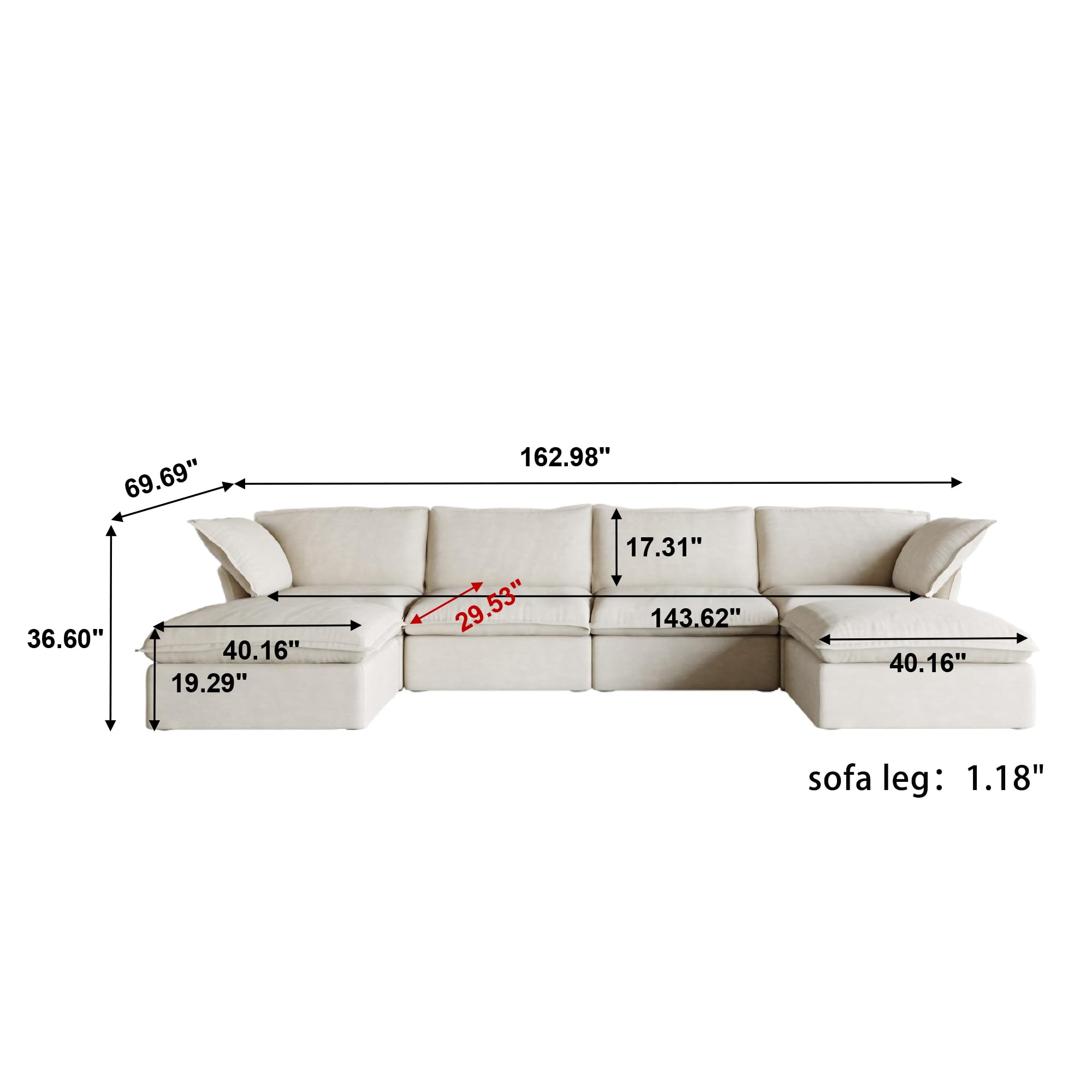 Cloud Modular Sectional Sofa,165.2" Down Filled Comfort U Shaped Sofa Couch for Living Room,Minimalist Wide Deep Seat Convertible Couches(4 Seater and 2 Ottoman,Beige)