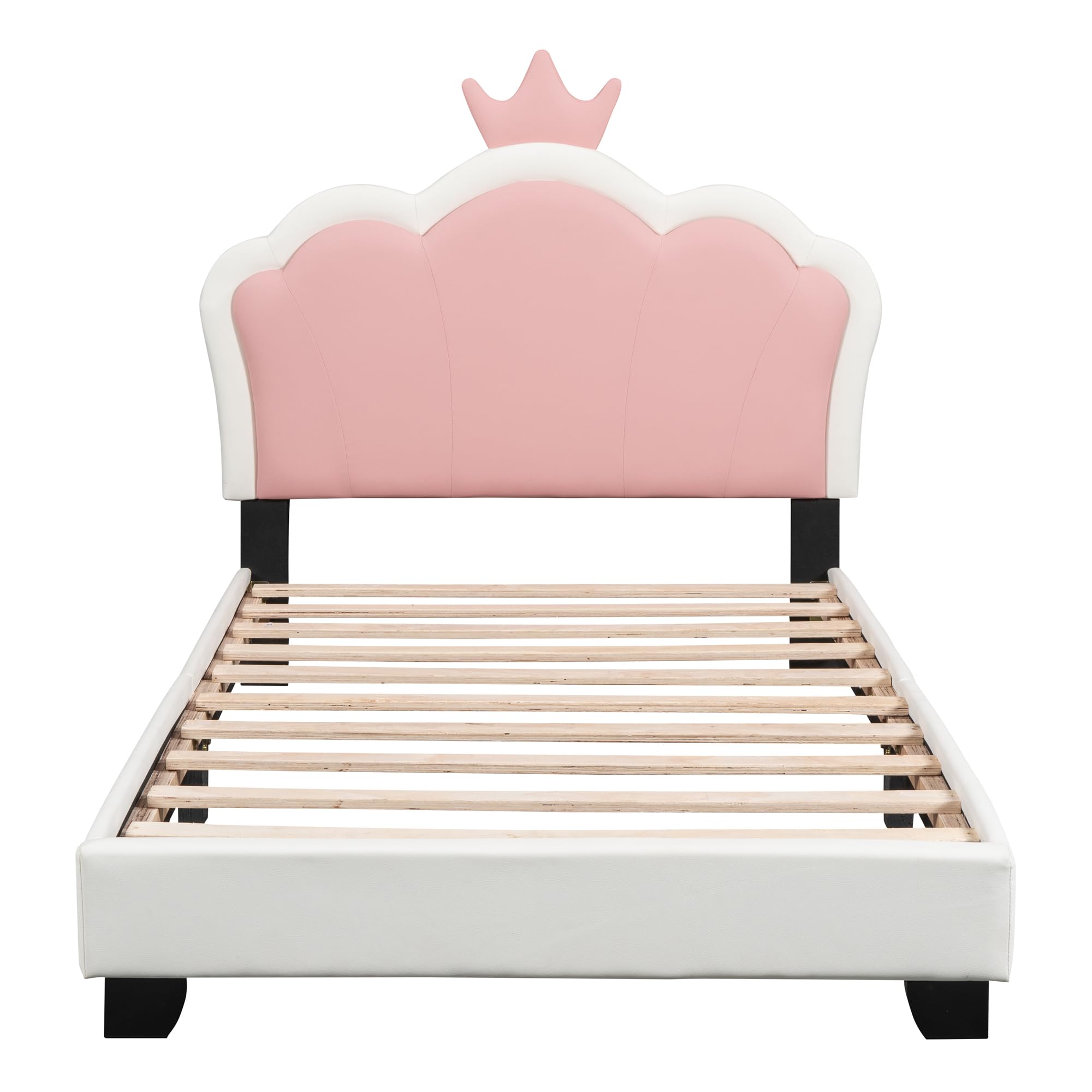 GYYBED Twin Size Upholstered Princess Bed with Crown Headboard,Princess Bed Frame for Girls,Pink Bed Frame cama para niña (Twin)