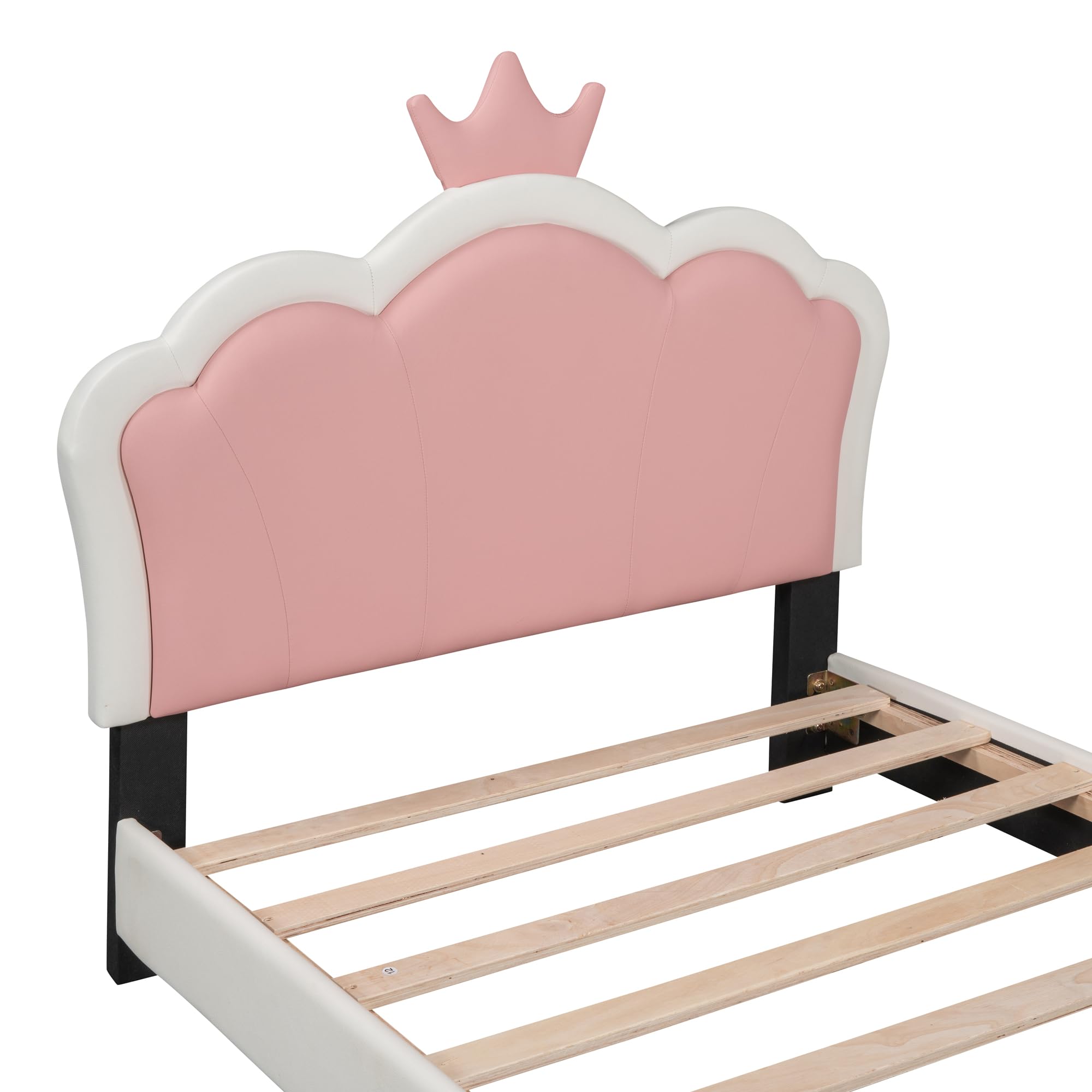 GYYBED Twin Size Upholstered Princess Bed with Crown Headboard,Princess Bed Frame for Girls,Pink Bed Frame cama para niña (Twin)