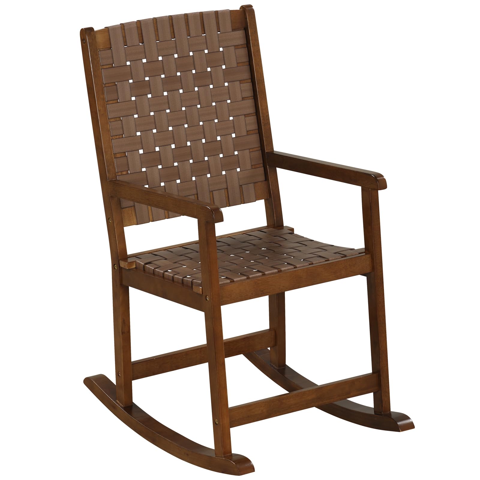 Tangkula Outdoor Rocking Chair, All Weather PU Seat & Rubber Wood Frame Porch Rocker, Safe & Smooth Rocking Motion, Ergonomic Patio Rocking Chair for Garden, Lawn, Balcony, Indoor (1, Brown)