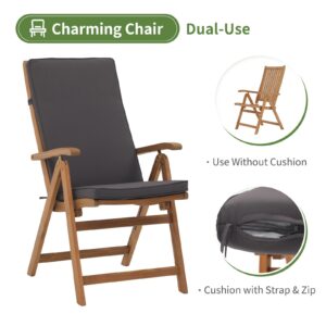 OC Orange-Casual Folding Patio Dining Chair Set of 2, Outdoor Acacia Wooden Reclining Chair w/Armrest & Removeable Cushion, FSC Certified Wood, for Porch, Backyard, Garden, Indoor, Dark Grey