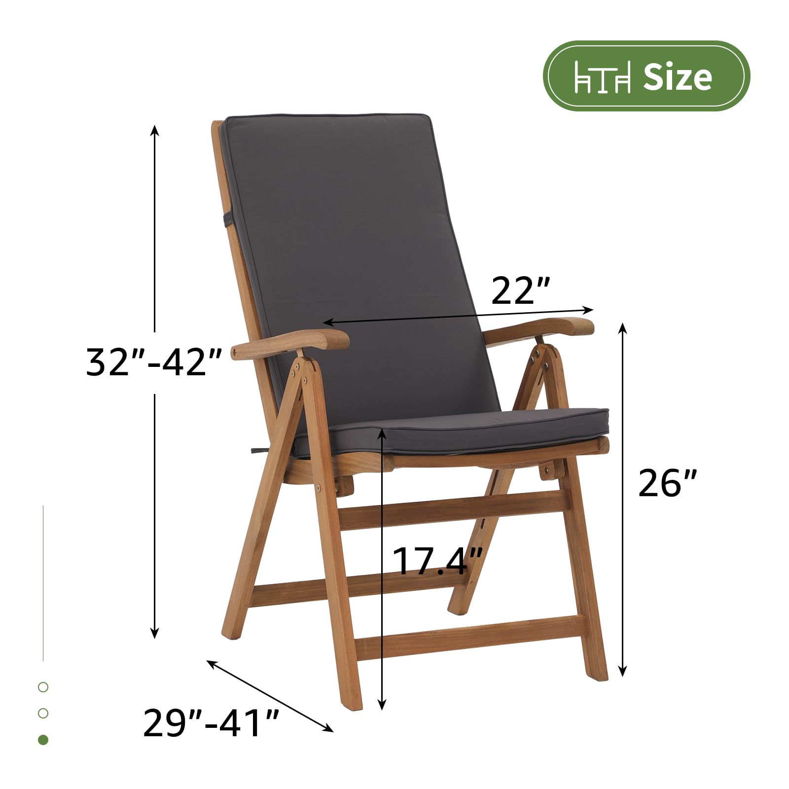 OC Orange-Casual Folding Patio Dining Chair Set of 2, Outdoor Acacia Wooden Reclining Chair w/Armrest & Removeable Cushion, FSC Certified Wood, for Porch, Backyard, Garden, Indoor, Dark Grey