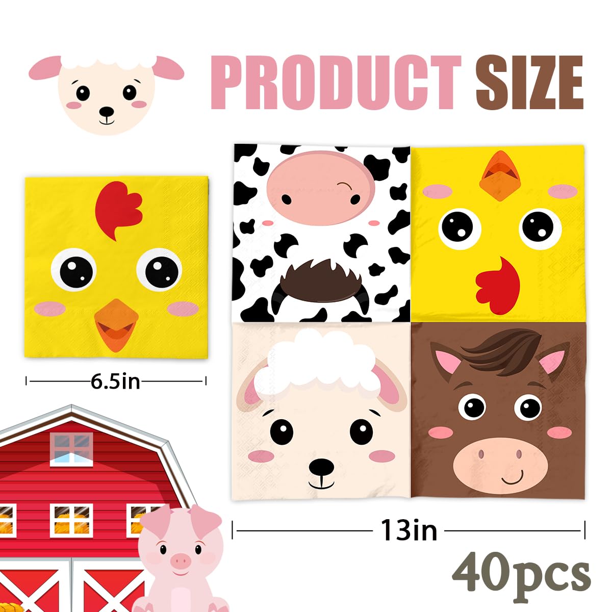 40Pcs Farm Animals Napkins-Farm Theme Party Decorations Pig Cow Horse Chick Animals Disposable Paper Napkins for Birthday,Baby Shower