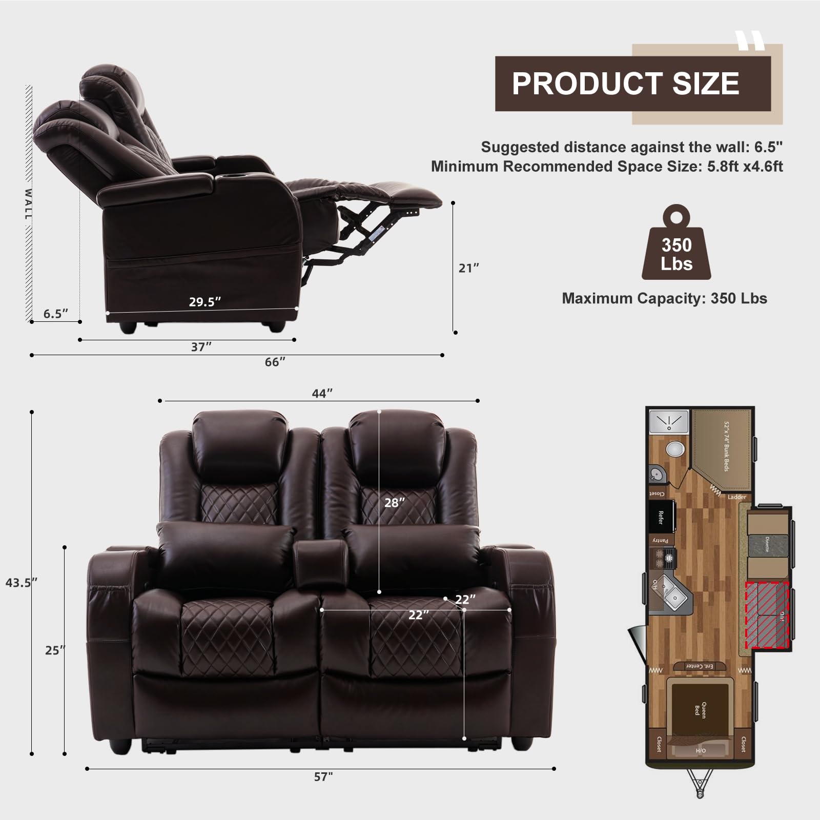 Attliahome 57" RV Loveseat Recliner, Double Recliner Furniture with 3 Arms and 2 Pillows, Wall Hugger Recliners & 135° Reclining Theater Seating (Brown PU Leather RV Couch)