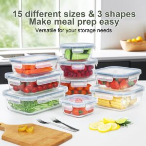 BAYZZ 30 Pieces Glass Meal Prep Containers, Airtight Glass Food Storage Containers, Glass Lunch Containers with Lids, Microwave and Dishwasher Friendly