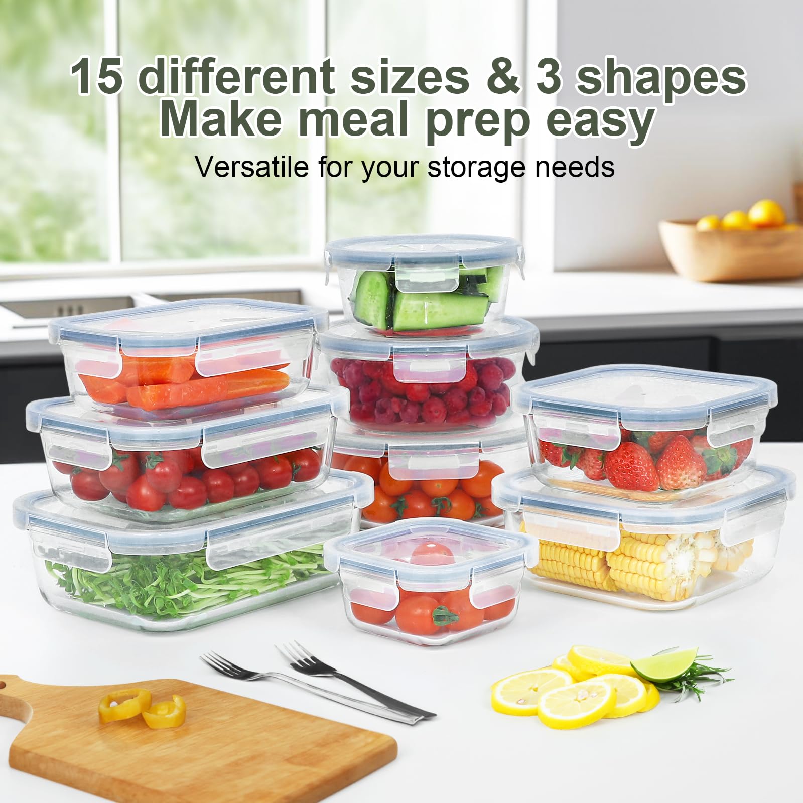 BAYZZ 30 Pieces Glass Meal Prep Containers, Airtight Glass Food Storage Containers, Glass Lunch Containers with Lids, Microwave and Dishwasher Friendly