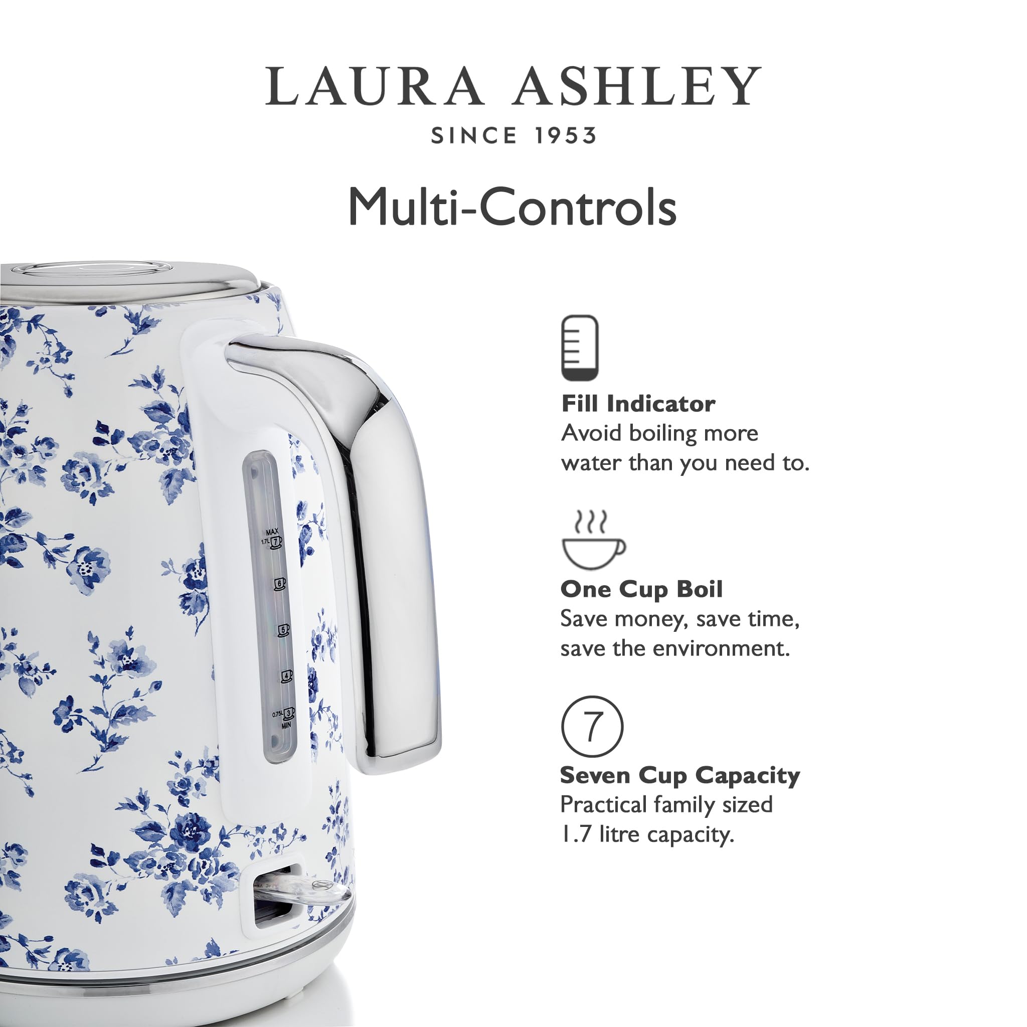 Laura Ashley China Rose Cordless Jug Kettle 1.7 Liter by VQ | Energy Efficient 3KW Rapid Boil Stainless Steel Electric Kettle for Boiling Water | Overheating & Boil Dry Protection Electric Tea Kettle